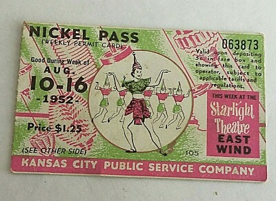 1952 Kansas City Public Service Company Streetcar Weekly Nickel Pass ...