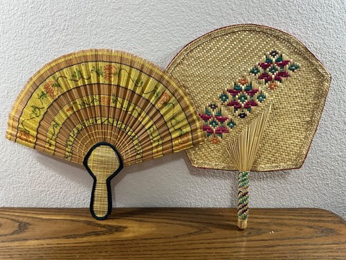 Lot of 2 Asian fans Split Bamboo Woven Jute and Wicker Fan Vintage | eBay