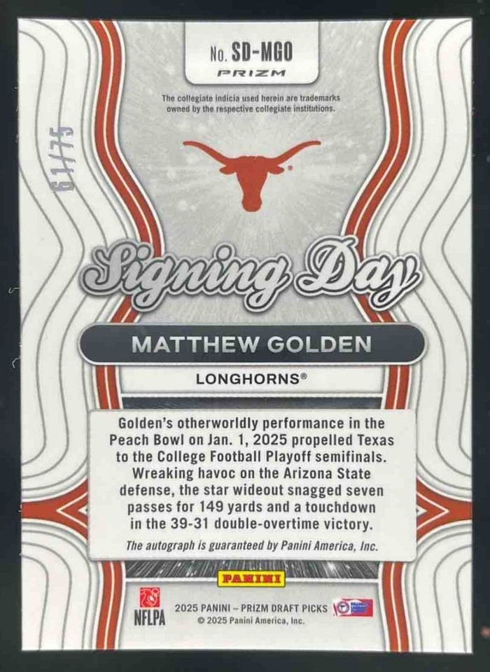 2025 Panini Prizm Draft Picks Matthew Golden Signing Day Orange Pulsar ...