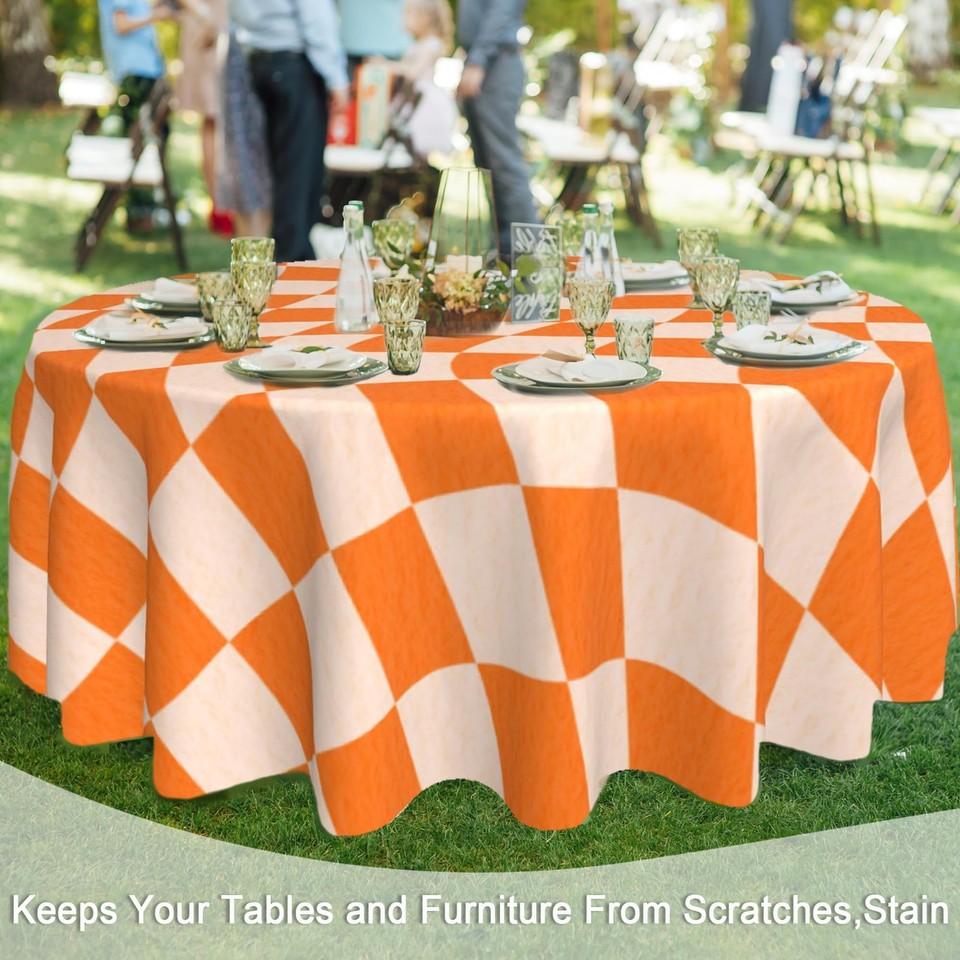 Retro Chess Board Round Table Cloth 60 InchOrange Checker Tablecloth ...