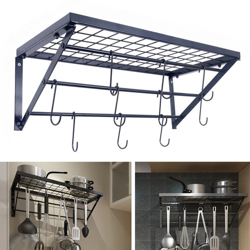 Black Metal Rectangular Wall Mounted Kitchen Pot Rack with 10 Hanging ...