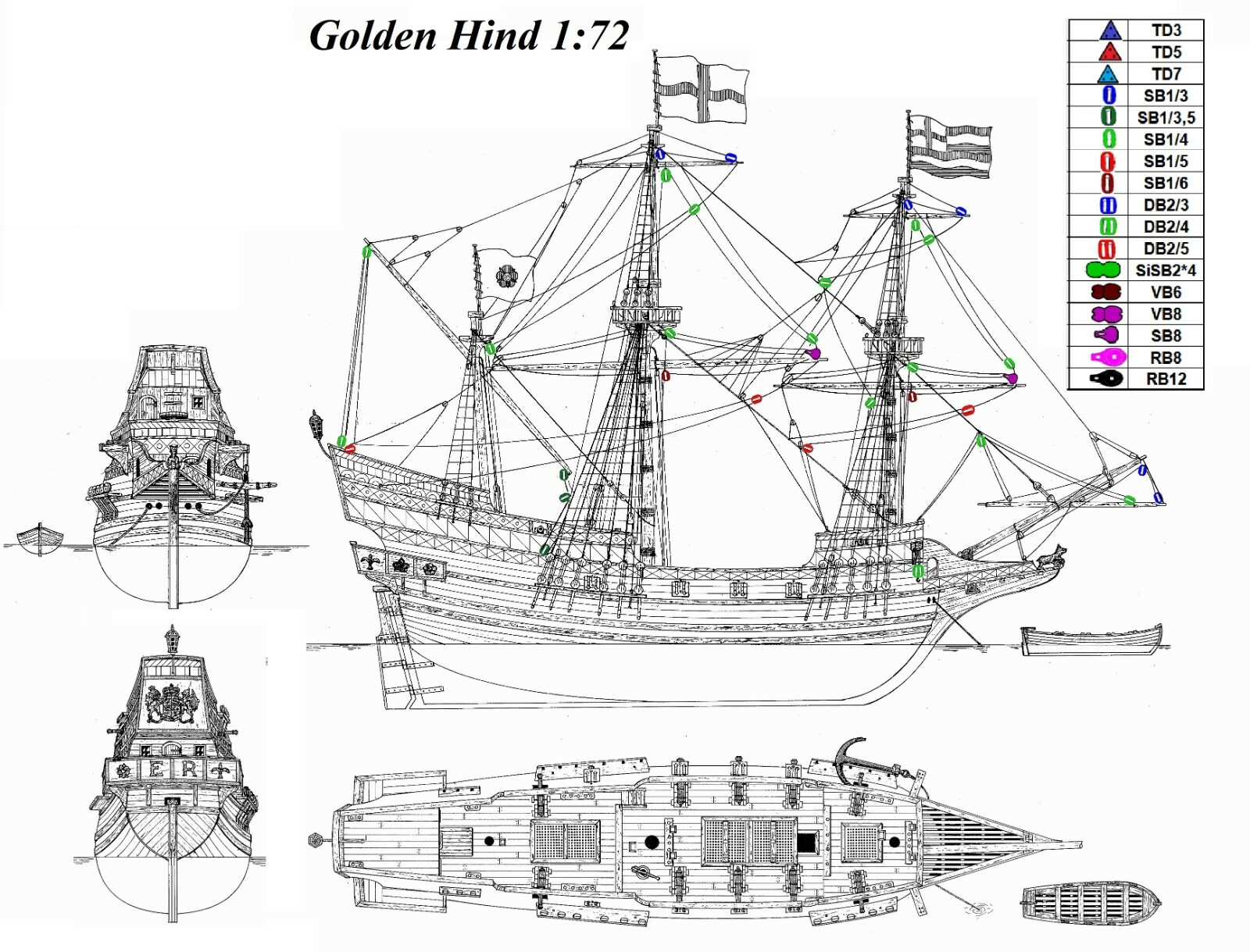 Airfix Golden Hind 1:72 - set of 285pcs CNC Walnut blocks for rigging ...