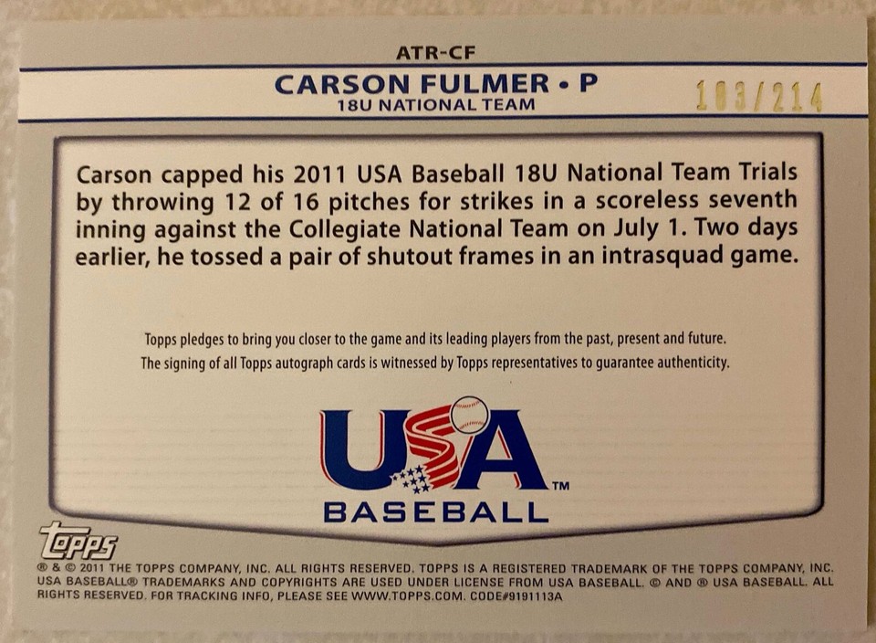 2011 USA Baseball CARSON FULMER Autograph Auto Triple Jersey /214 18U ...