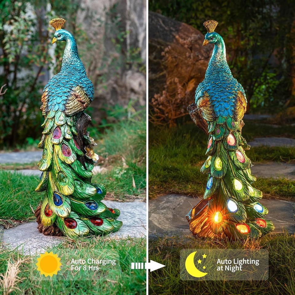 Solar Peacock Statue - LED Garden Decor with Gemstones Outdoor Yard Art ...