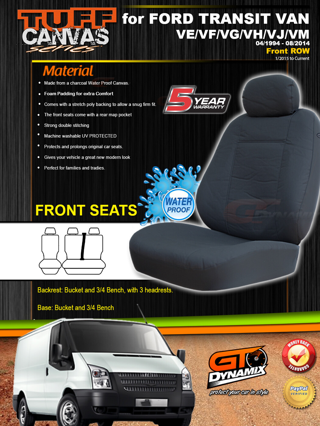 TUFF Canvas Car Seat Covers for FORD TRANSIT VAN VE/VF/VG/VH/VJ/VM 4/ ...