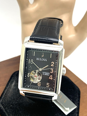 Bulova Men's Watch 96A269 Automatic Black Dial Leather Strap Rectangle ...