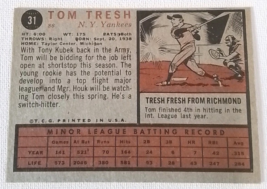 1962 Topps #31 New York Yankees Tom Tresh Rookie Card | eBay