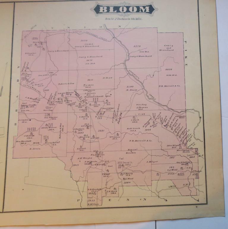 ORIGINAL 1878 HAND COLORED MAP:BLOOM TOWNSHIP,MORRISVILLE, CLEARFIELD ...