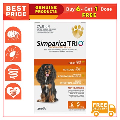 Simparica Trio For Small Dogs (Orange) 5.1 - 10 kg 6 Chews + 1 Free ...