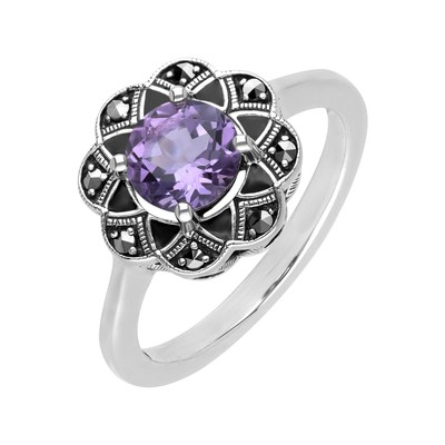 Esse Marcasite Sterling Silver Amethyst & Marcasite Flower Ring Size O ...