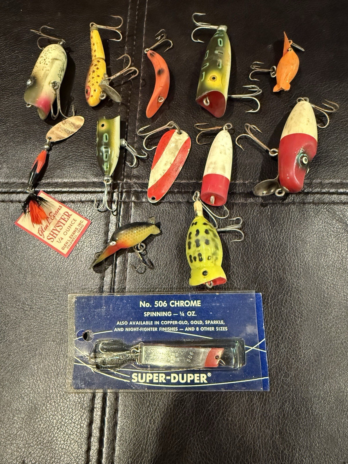 Lot of 12 vTG Wooden fishing lures, JC Higgins-Glen L Evans Hula Popper ...
