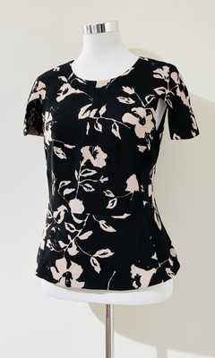 Veronika Maine For CUE Size 10 Top Black Tan Floral Short Cap Sleeves ...