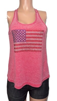 Red Burnt Out Bling Rhinestone Flowy Tank Top USA Flag July 4th Rally ...