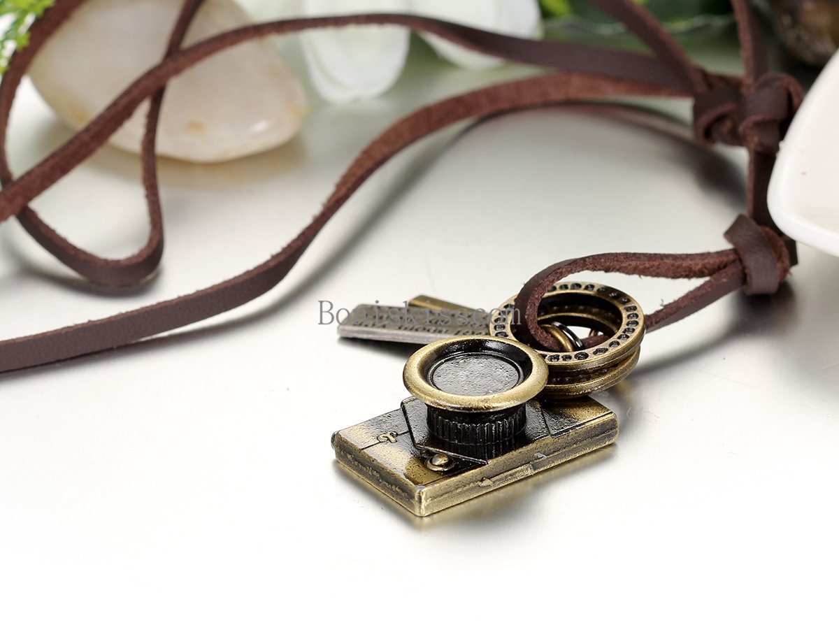 Men Women Bronze Tone Camera Pendant Necklace w Brown Adjustable ...