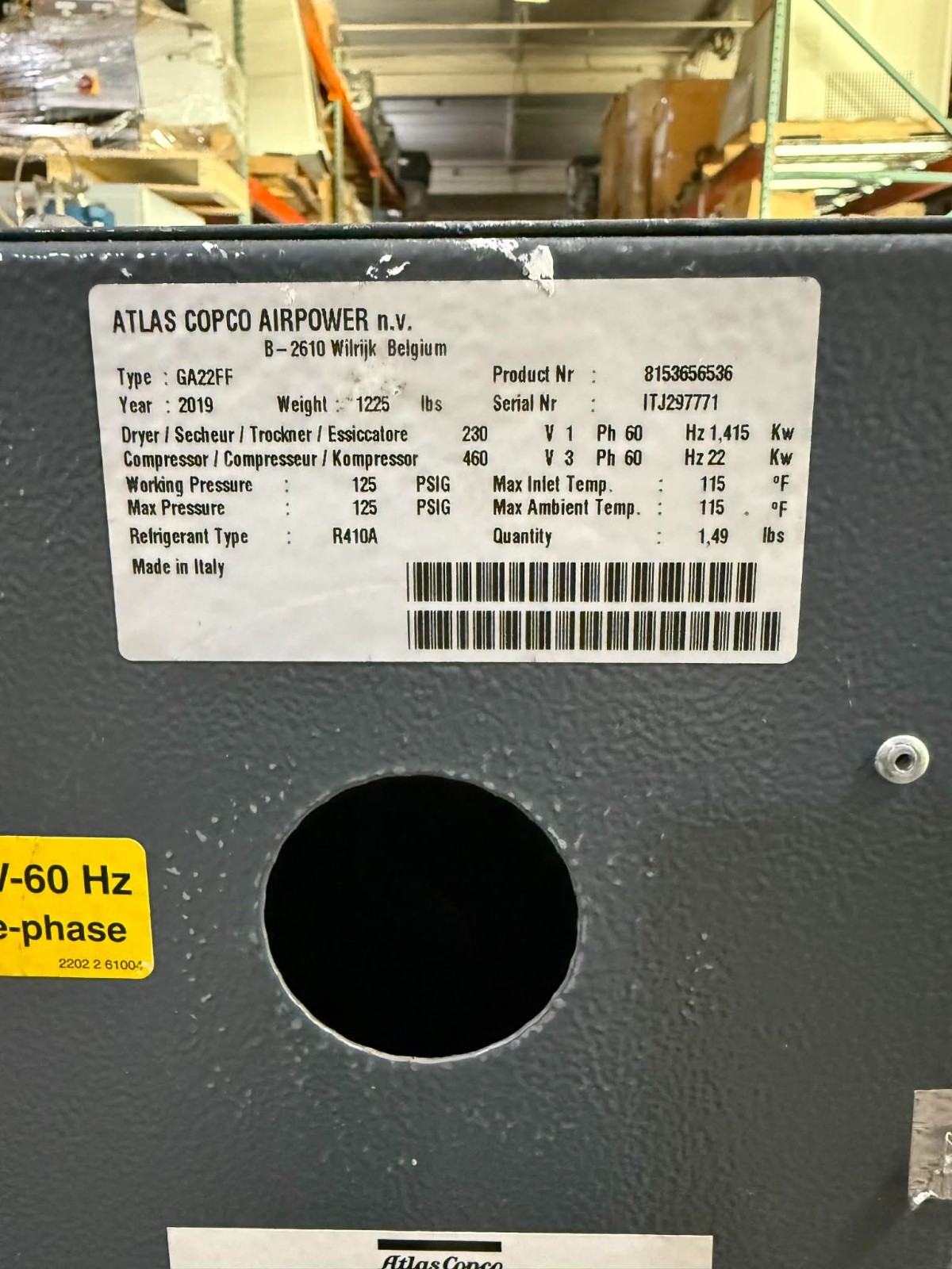 Atlas Copco GA22FF Rotary Screw Air Compressor 30HP 2019 with Air Dryer ...