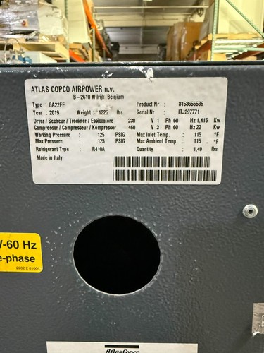 Atlas Copco GA22FF Rotary Screw Air Compressor 30HP 2019 with Air Dryer ...