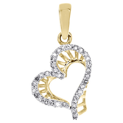10K Yellow Gold Diamond Slanted Cut Out Curved Heart Pendant Love Charm ...