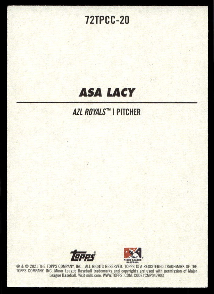 2021 Topps Heritage Minor League 72TPCC-20 Asa Lacy AZL Royals Baseball ...