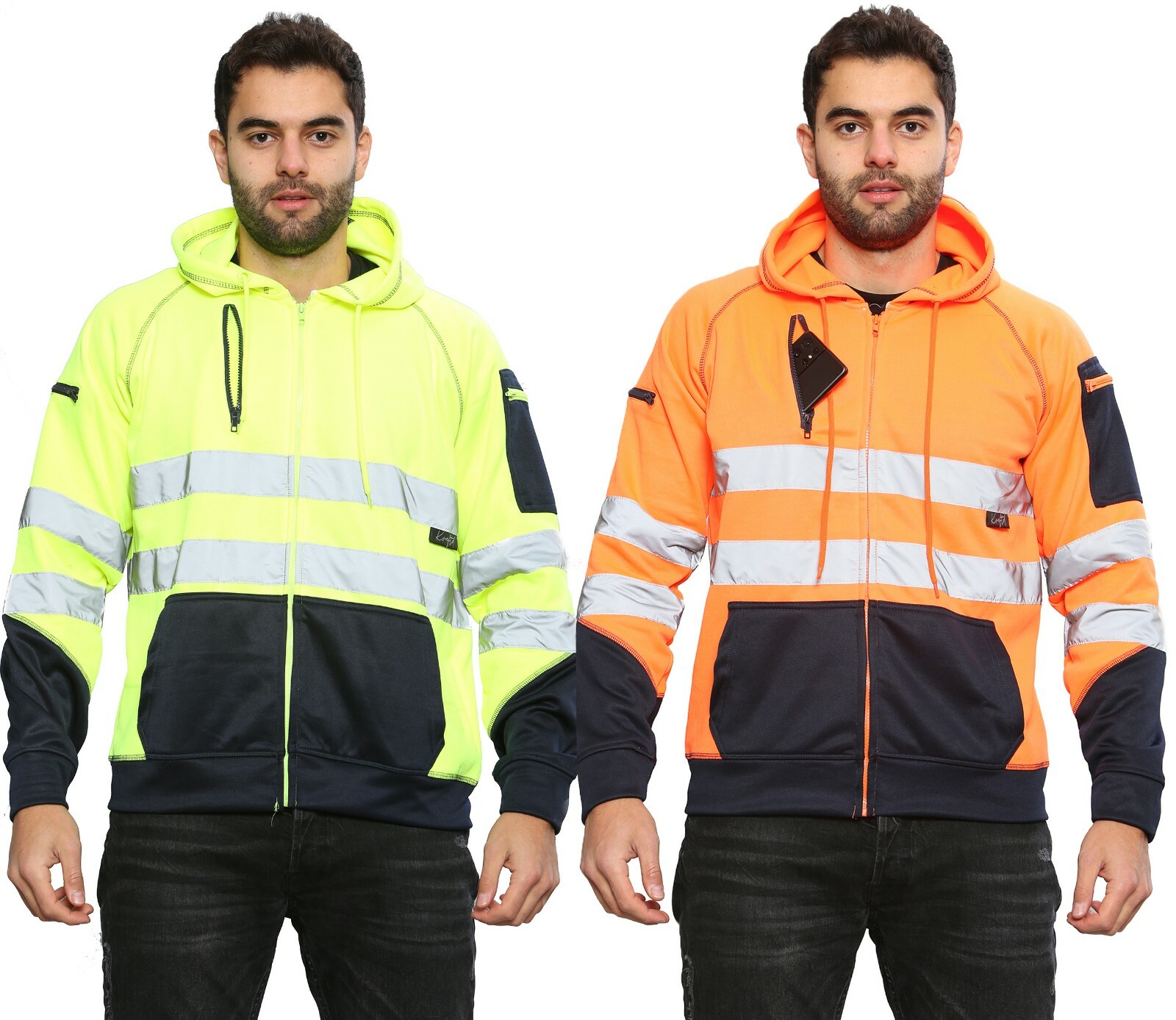 Hi Viz Vis High Visibility Jacket 4 Zips Hoodie Work Zip Hooded Top ...