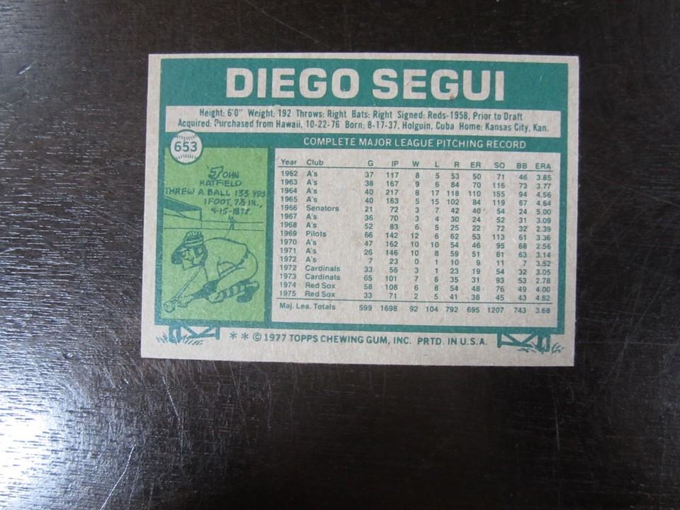 1977 Topps # 653 Diego Segui Card Seattle Mariners | eBay