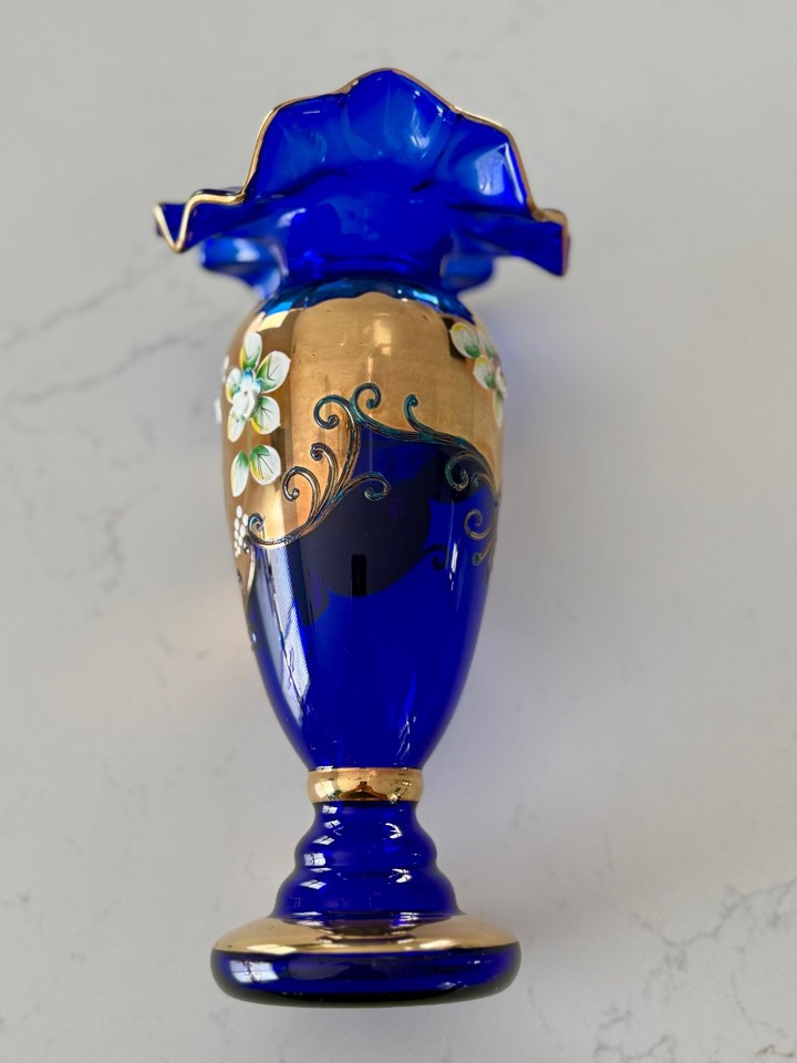Vintage Czech Bohemia Cobalt Blue Gold Overlay Vase Flowers Ruffle Rim ...