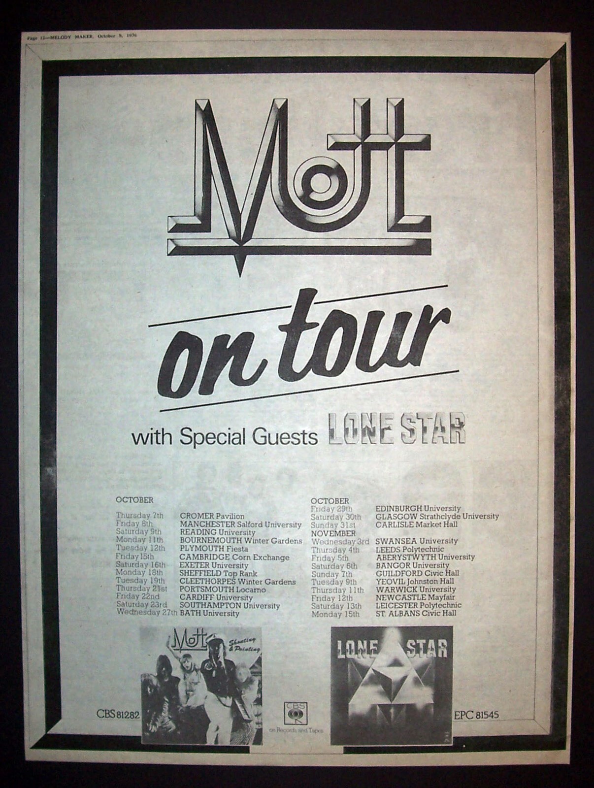 Mott The Hoople Shouting & Pointing UK Tour 1976 Poster Type Ad, Promo ...