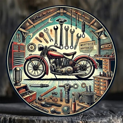 OLD SCHOOL MOTORCYCLE ROUND 8' Aluminum Sign RETRO STYLE GARAGE MAN ...