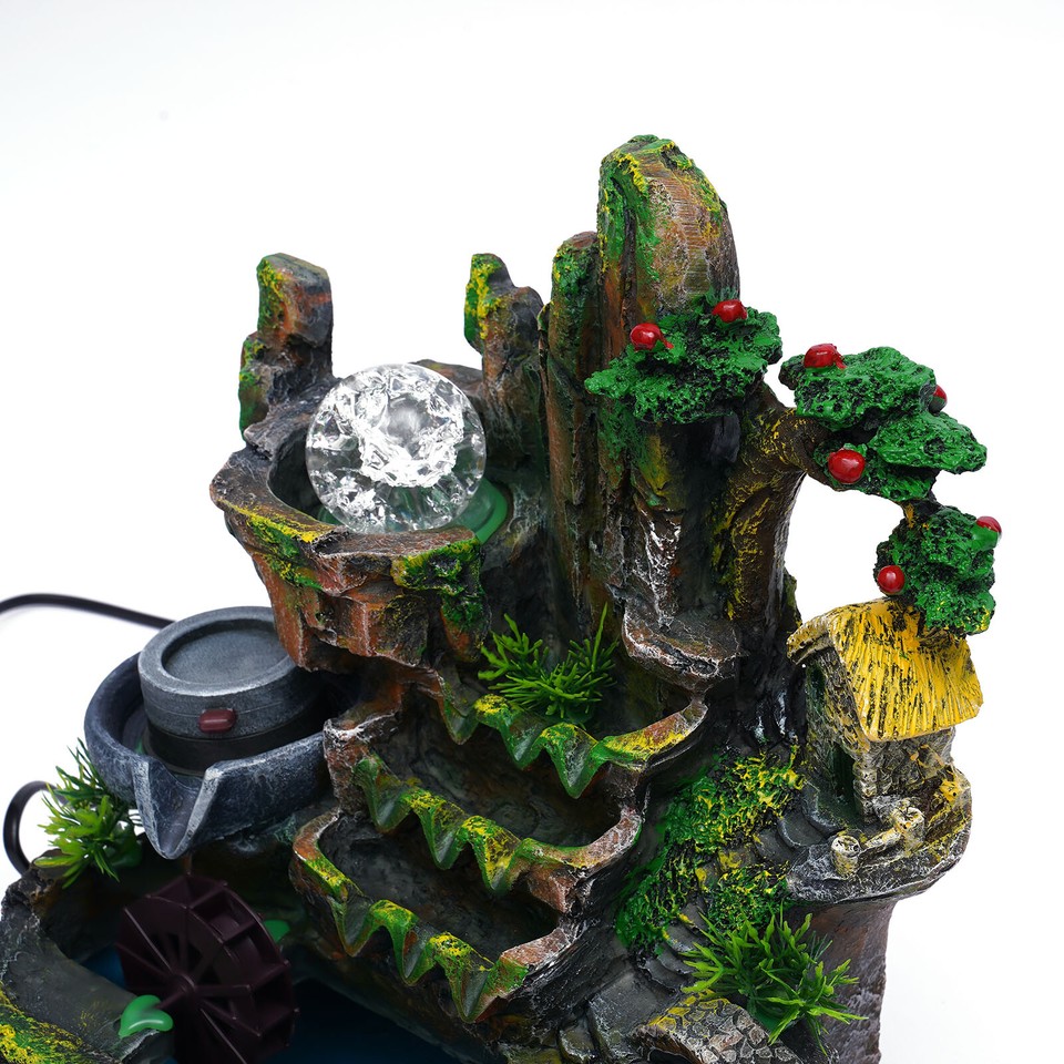 Desktop Fountain Rock Waterfall Humidifier with Artificial Tree and LED ...