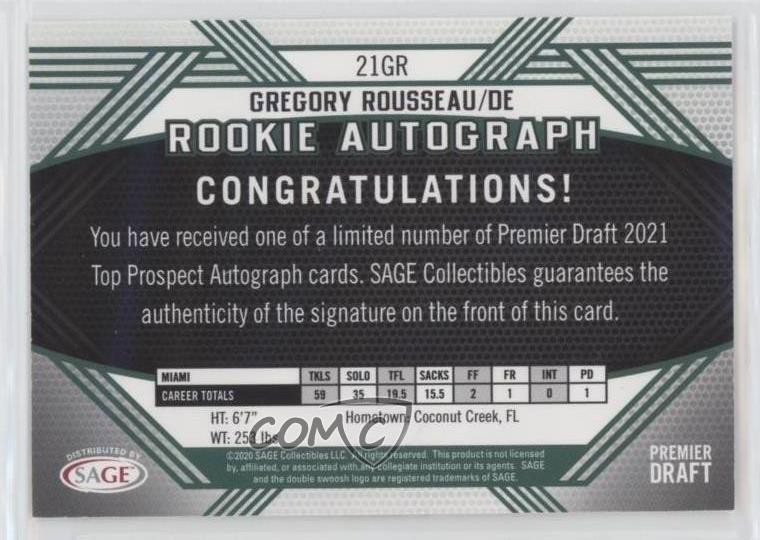 2020 Sage Hit 2021 Top Prospect Orange Greg Rousseau Gregory #21GR Auto ...