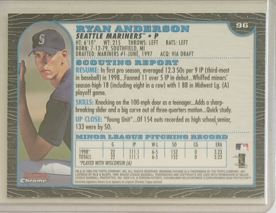 1999 Bowman Chrome International #96 Ryan Anderson Seattle Mariners ...