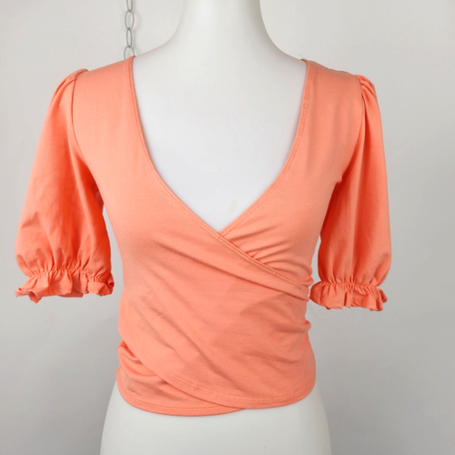 Forever 21 Knit Melon Cropped Wrap Short Puff Sleeve Top Womens S | eBay