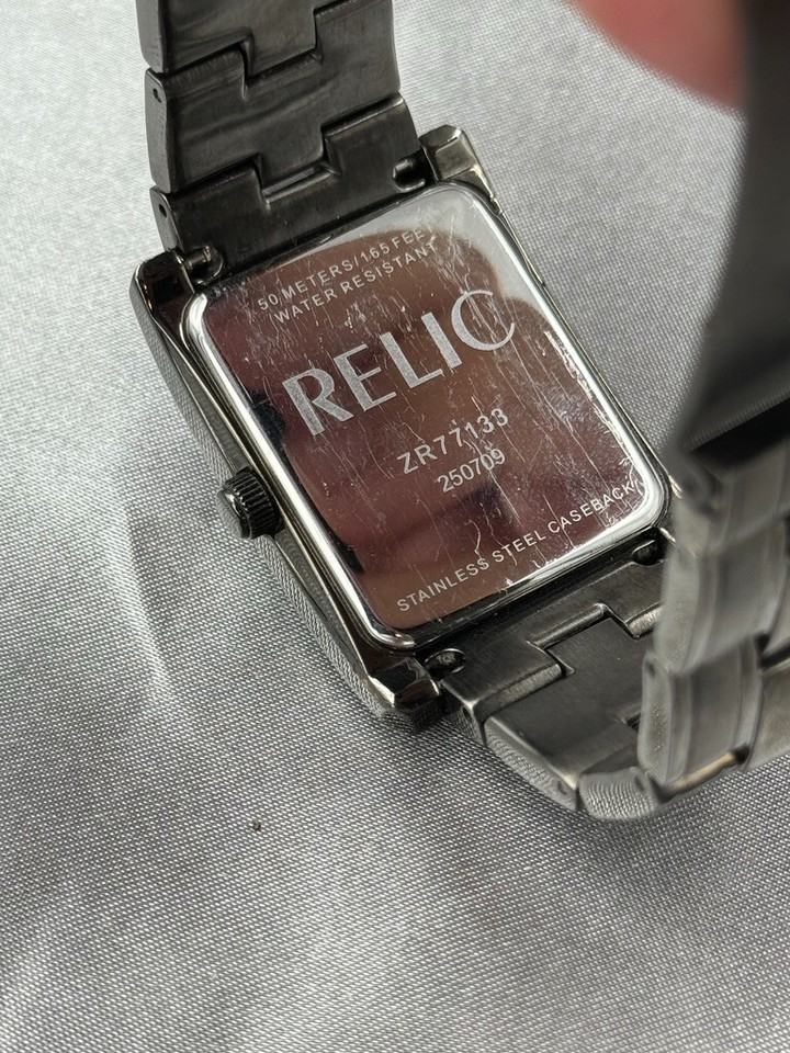 RARE Relic by Fossil Mens Skeleton Rectangle Gunmetal Steel Watch ...