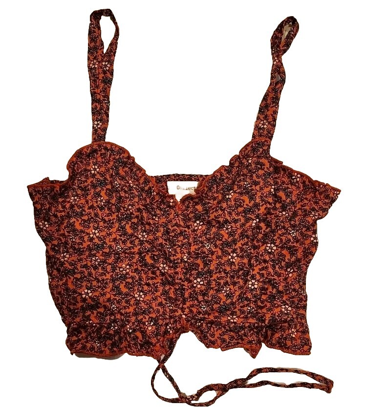 BOG collective cropped smock floral top spaghetti strap ruffle orange ...