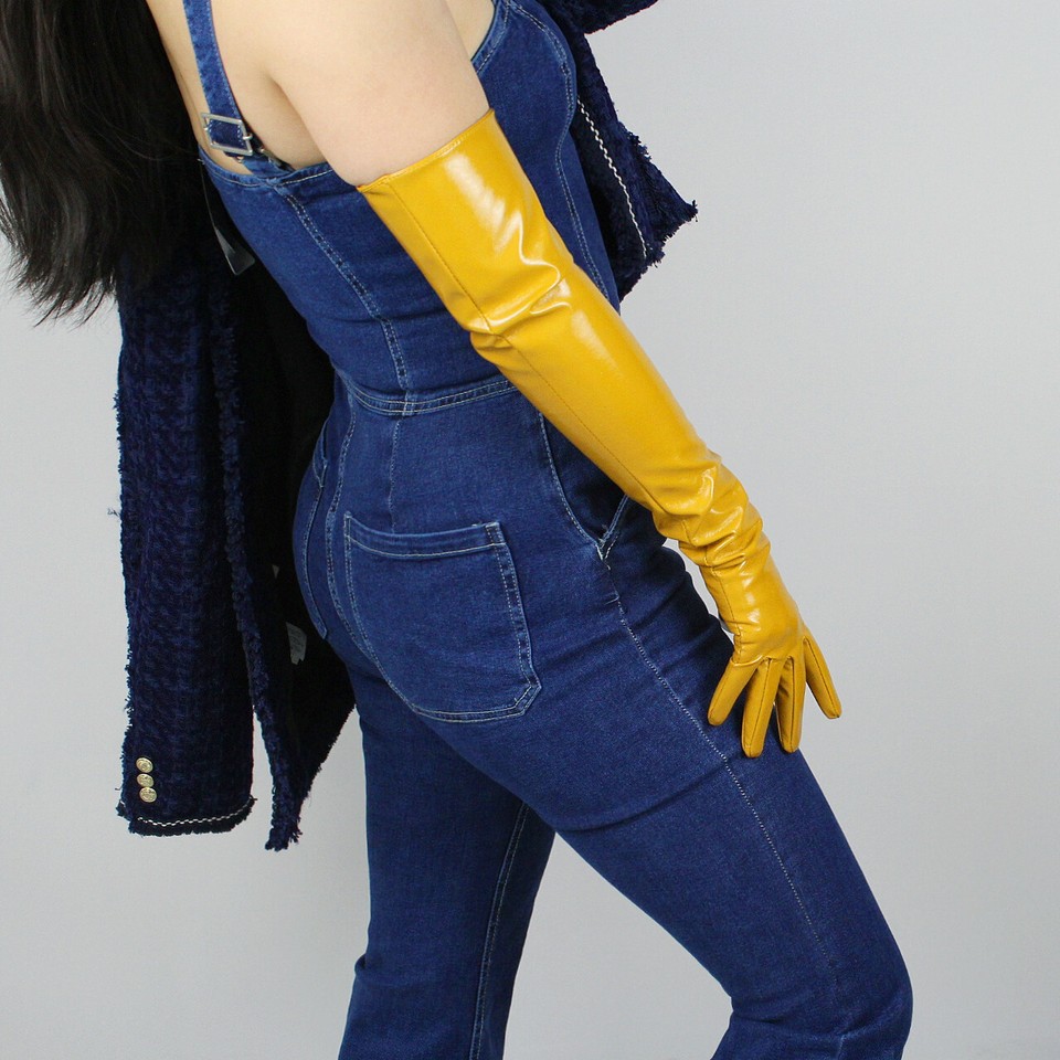 LATEX LONG GLOVES Shine Leather Faux Patent PU 20" 50cm Opera Ginger ...
