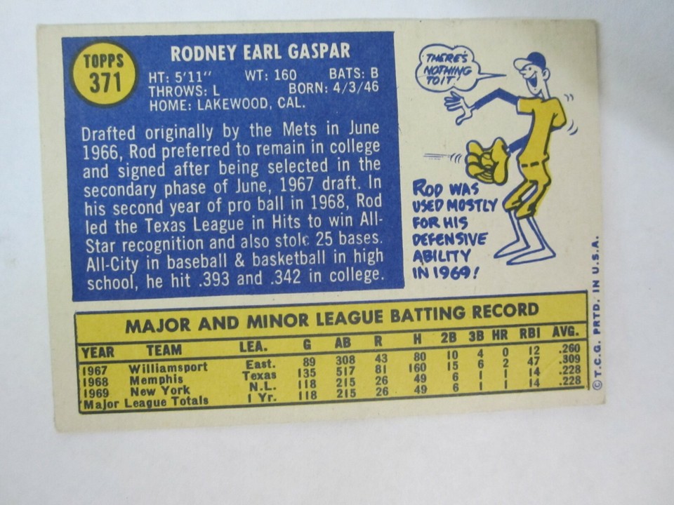1970 Topps # 371 Rod Gaspar Autograph / Signed card (M) New York Mets ...