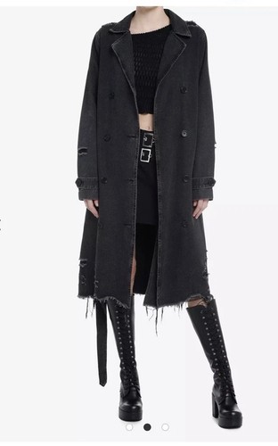 Hot Topics Black Destructed Denim Longline Coat Size Small Gothic Emo ...