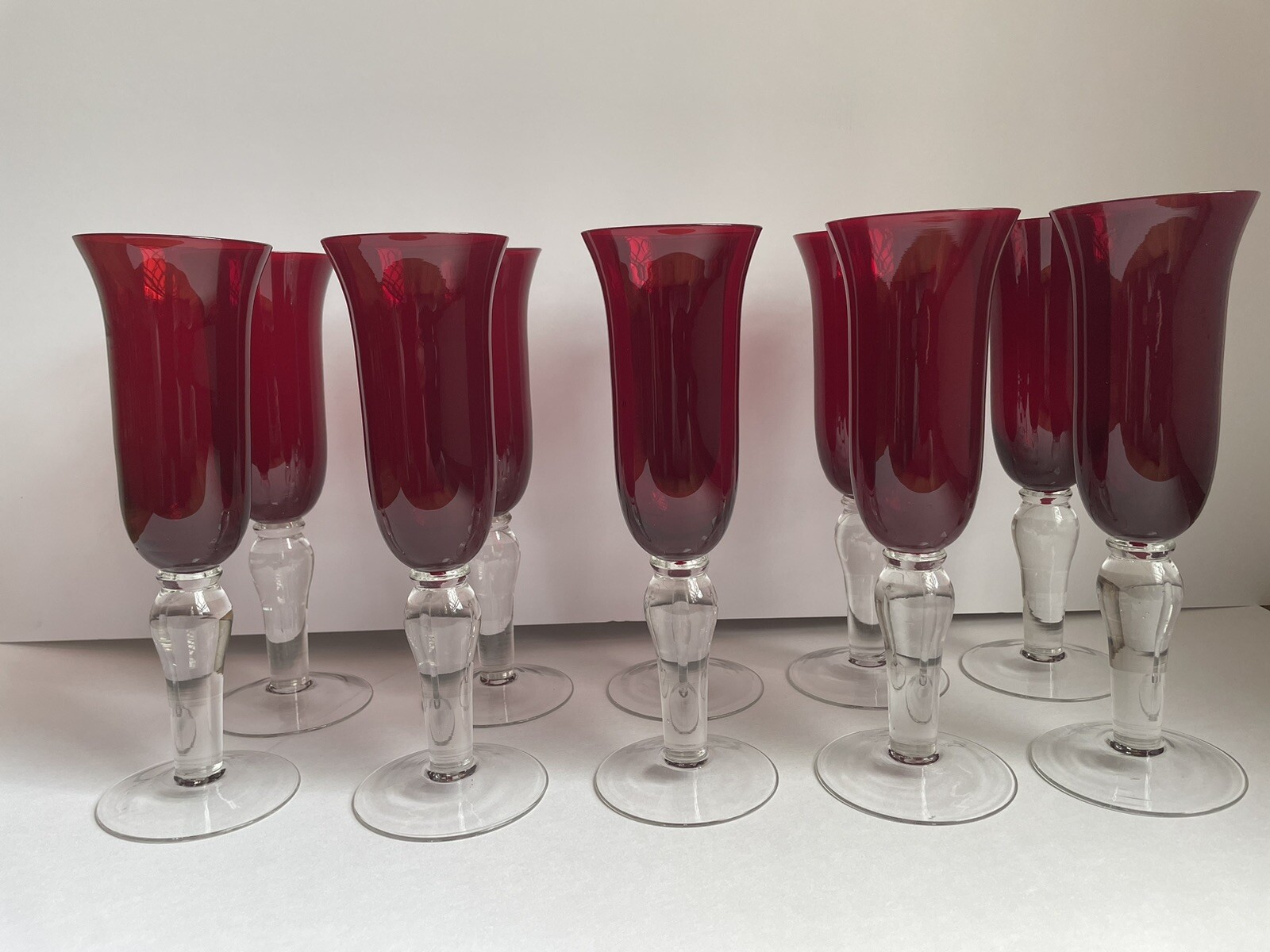 Set Of 10 Ruby Red Blown Glas Champagne Flutes Stemware Bar Ware No ...