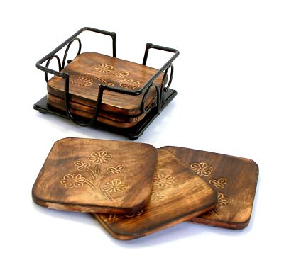 Wooden 6 Piece Tea Coffee Coasters Coaster Set with Wrought Iron Holder ...