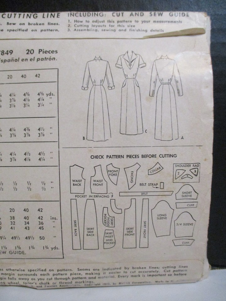 McCall's Pattern 7849 Misses Dress Size 12 Bust 30" Vtg 1949 Sleeve ...