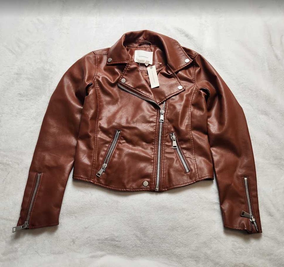 New women's XXS Anthropologie The Saige faux-leather moto jacket brown ...
