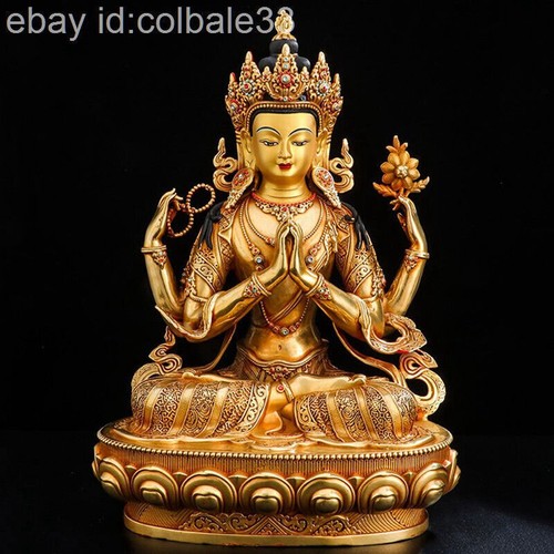 13" Tibet Buddhism Copper gilding Four-armed Guanyin Kwan-Yin Buddha ...