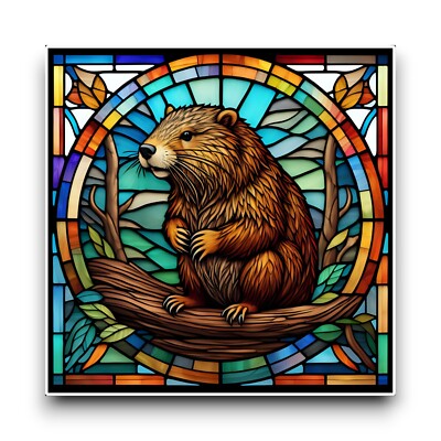 Beaver Animal Square Stained Glass Window Opaque Vinyl Sticker Decal ...