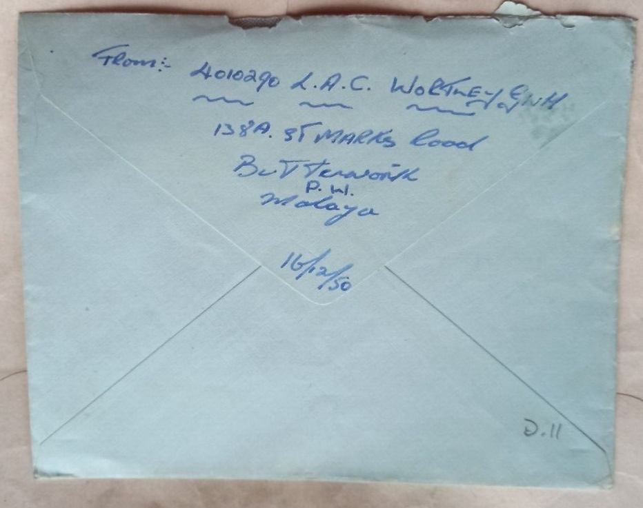 MALAYA PENANG 1950 FORCES MAIL ROYAL AIR FORCE BUTTERWORTH COVER TO B.A ...