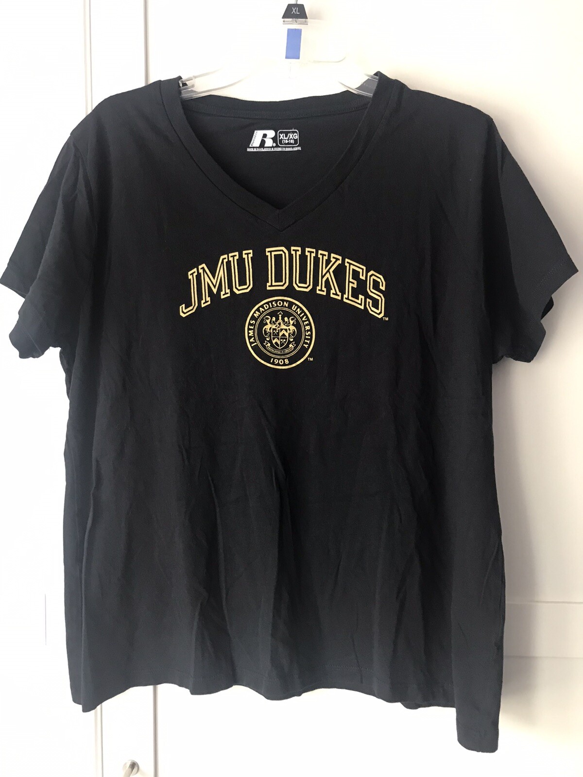 Women's JMU Dukes V neck T shirt Size XL Russell Black 100% cotton ...