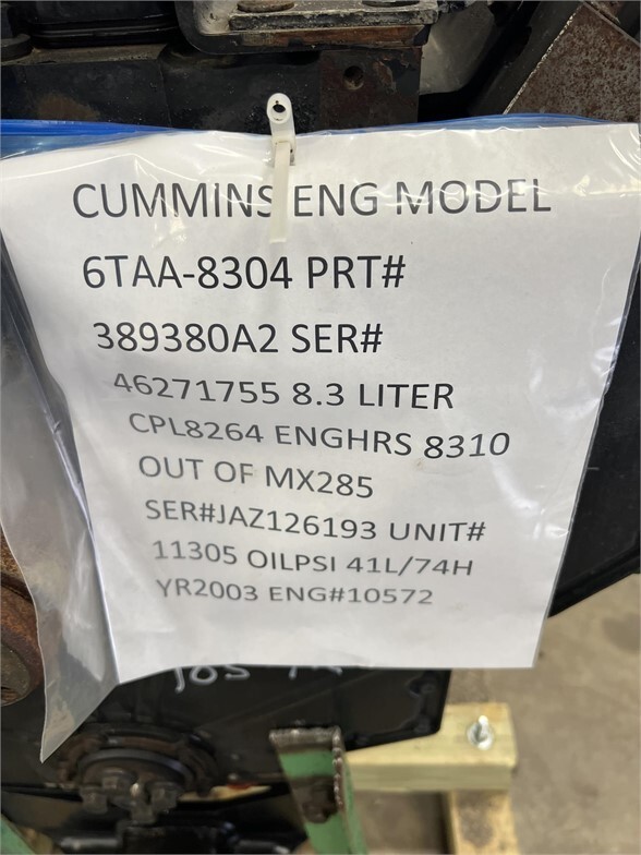 Cummins 6TAA-8304 Engine Removed from CaseIH MX285 Tractor Stock ...