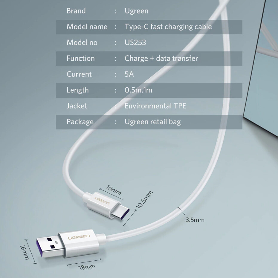Ugreen USB Type C Cable 5A SuperCharge Data Sync for Huawei. Black ...