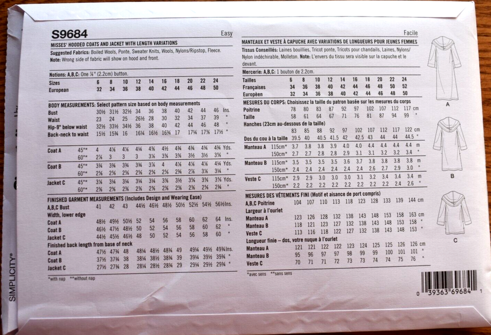 SIMPLICITY PATTERN 9684 COAT JACKET HOOD MISSES SIZES 16 18 20 22 24 ...