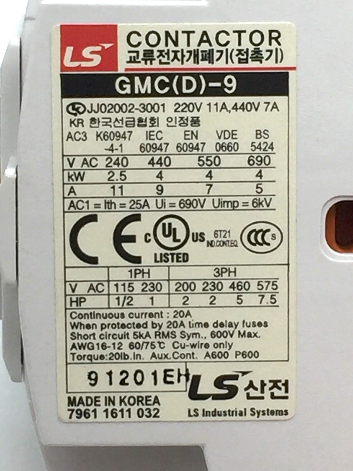 LS GMC-9 Contactor 3P 11A 240V AC Coil 50/60Hz GMC(D)-9 1a1b x 3 pcs | eBay