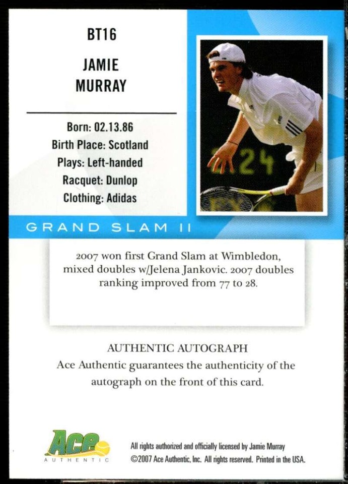 Jamie Murray 2008 Ace Authentic Grand Slam Breaking Through Auto Bronze ...