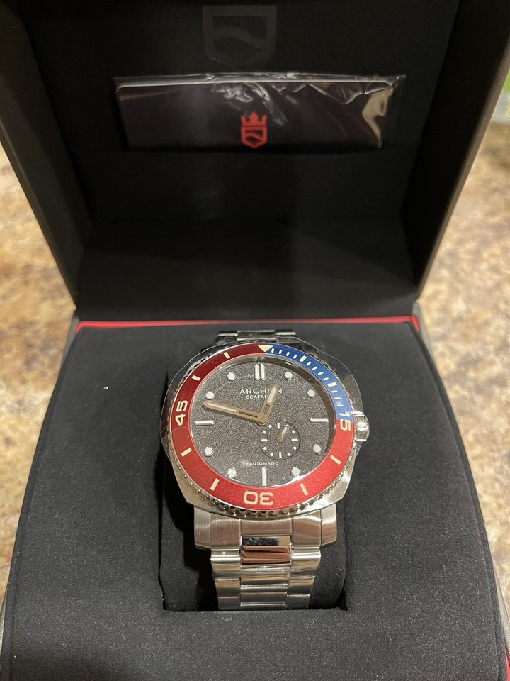 NEW Automatic Archon Seafarer SF05-Matte Red/Blue Pepsi RP $649 44mm ...